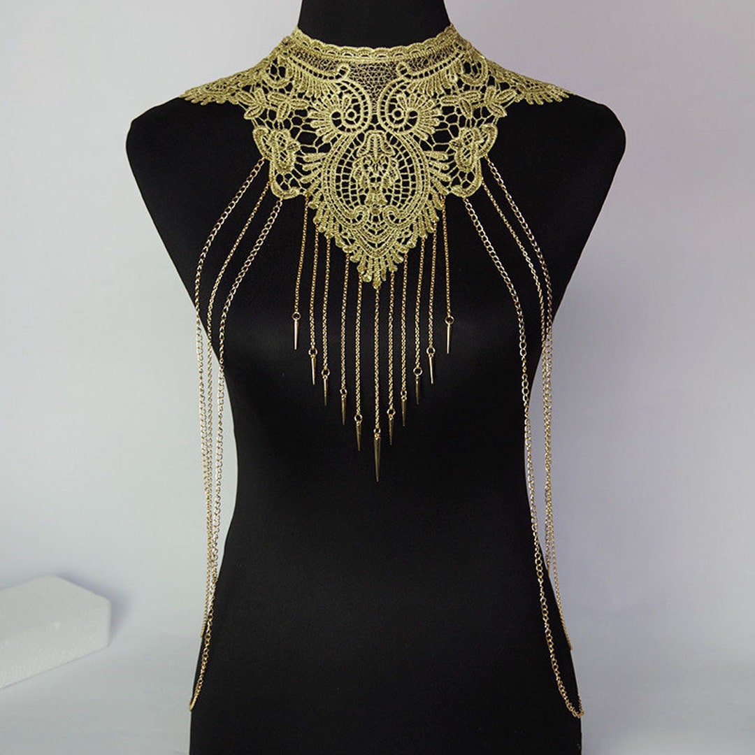 Gold Lace Body Harness Necklace Tassel Body Neck Chain Body Chain Dress ...