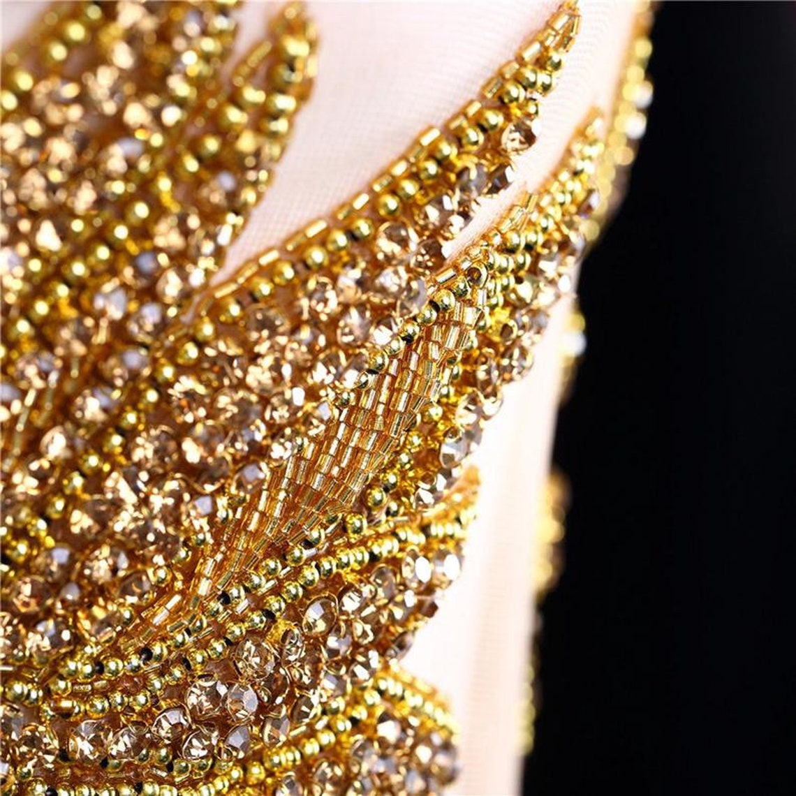 Luxury Gold Rhinestone Applique on Mesh Crystal Fabric Dress - Etsy