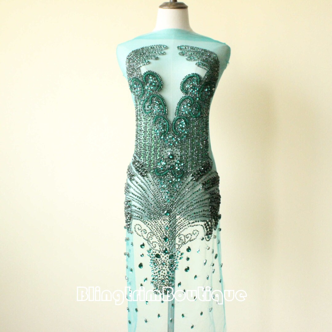 Green Full Bodice Rhinestone Tulle Fabric Rhinestone Applique Bodice ...