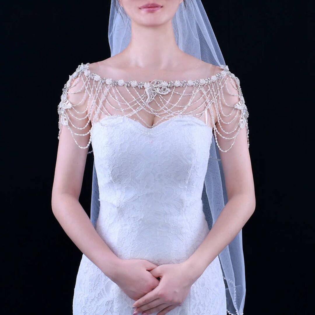 Bridal Shoulder Necklace Lace Crystal Bolero Cover up Cap Sleeves Pearl ...