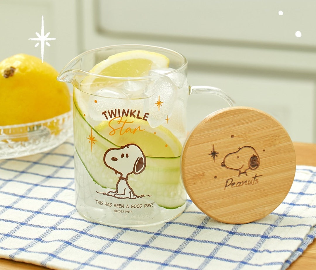 Peanut Snoopy Twinkle Heat Resistant Glass Wood Lid Jug Cup / Ice Coffee Cup / Coffee Glass ...