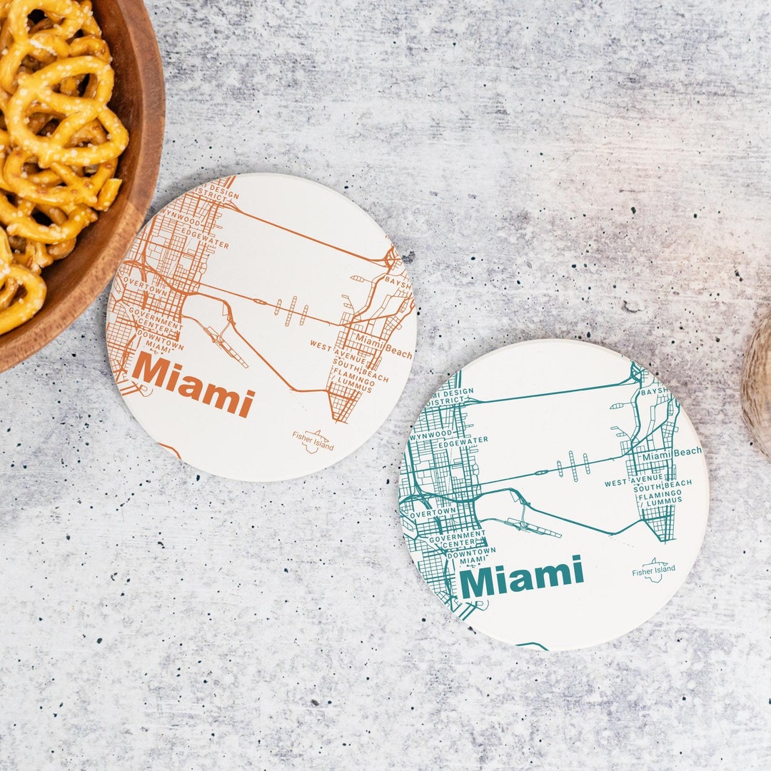 Miami FL Map Coasters in Your Choice of Color – FL Decor, Florida Gift ...