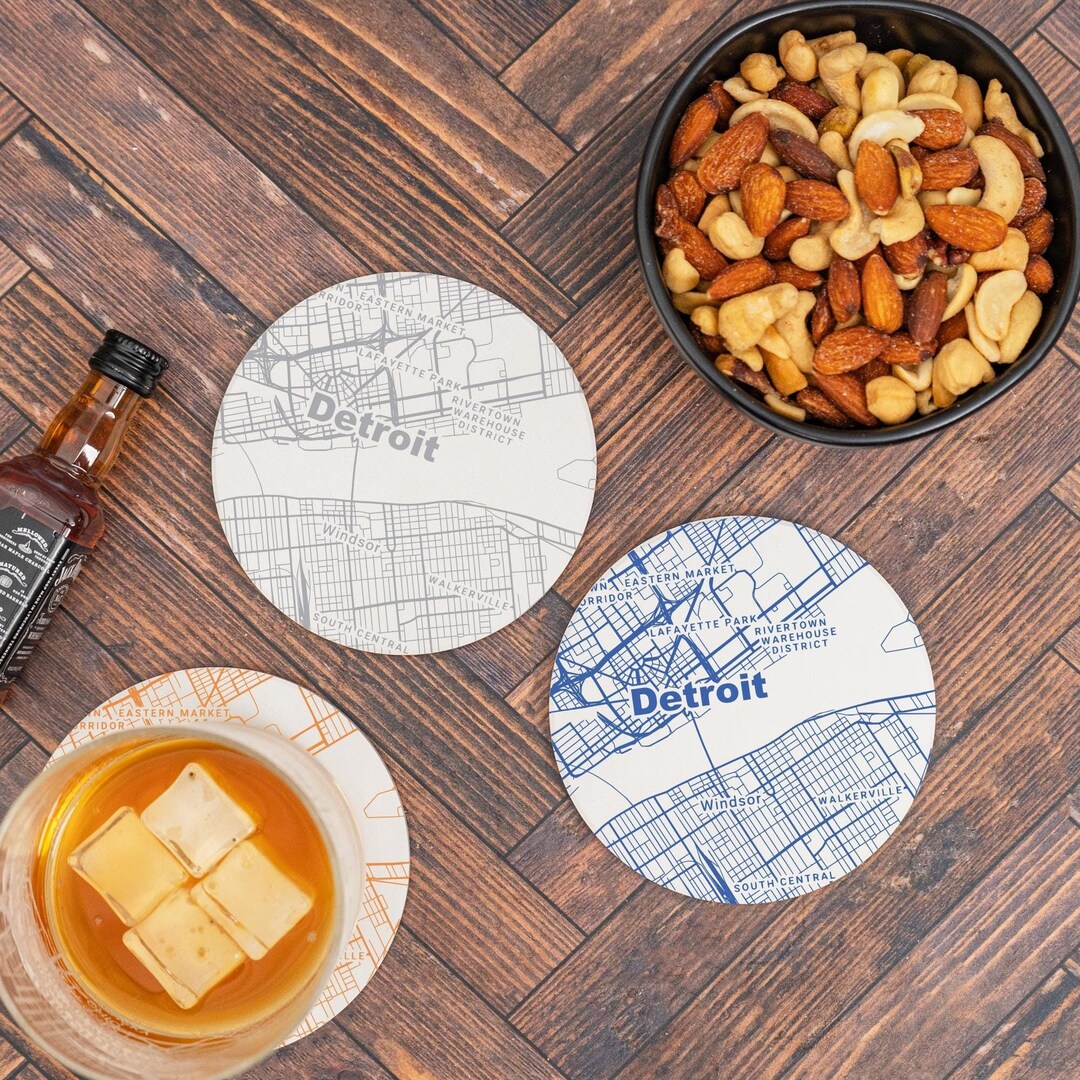 Detroit MI Map Coasters in Your Choice of Color – MI Decor, Michigan ...