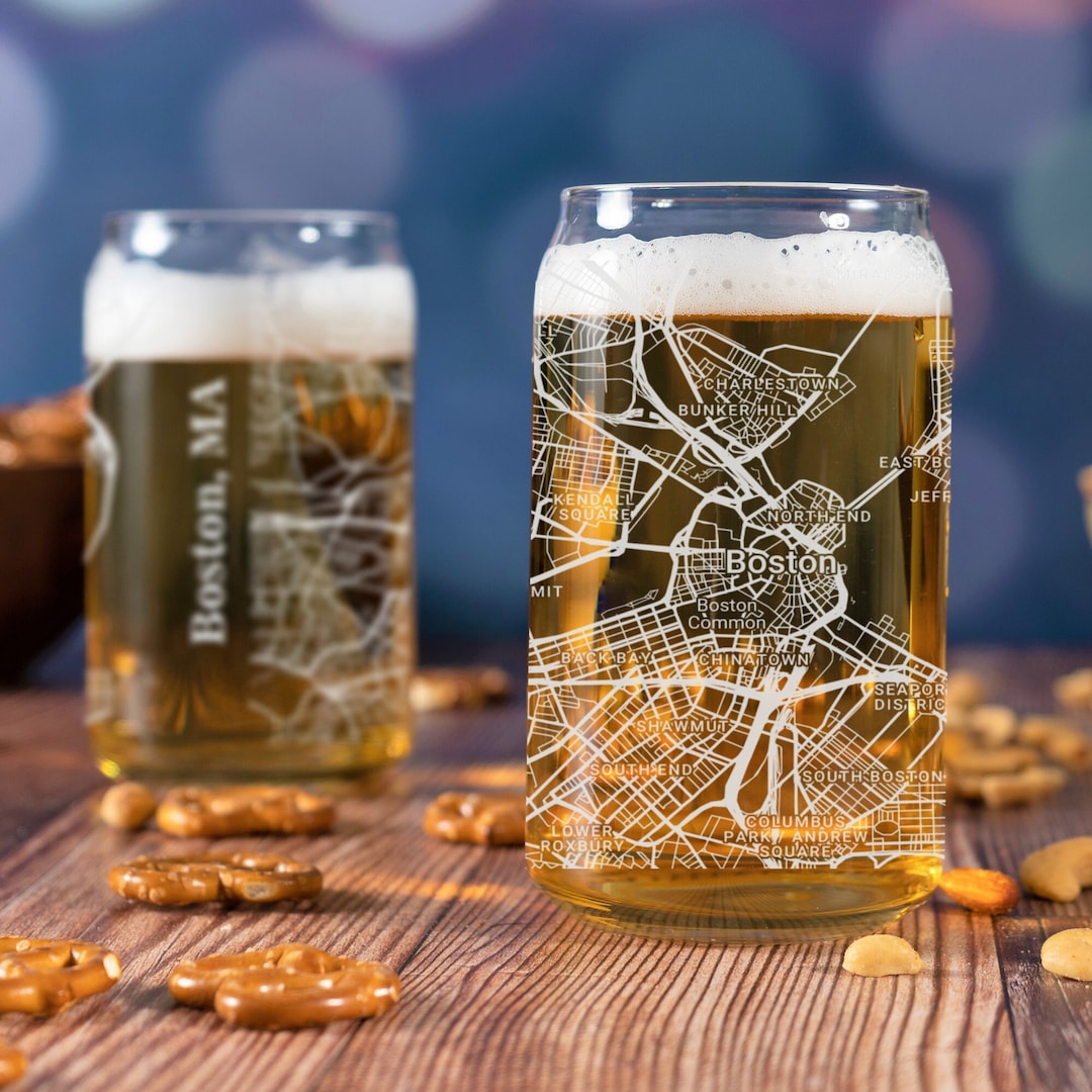 Boston Beer Can Glass, Boston MA Beer Can Glass Gift, Engraved City Map ...