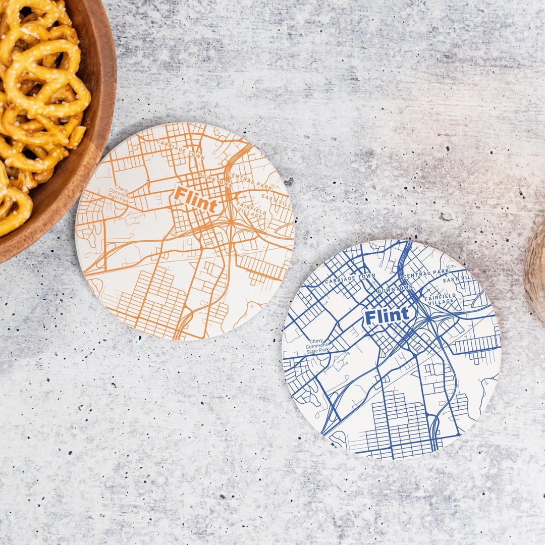 Flint MI Map Coasters in Your Choice of Color – MI Decor, Michigan Gift ...