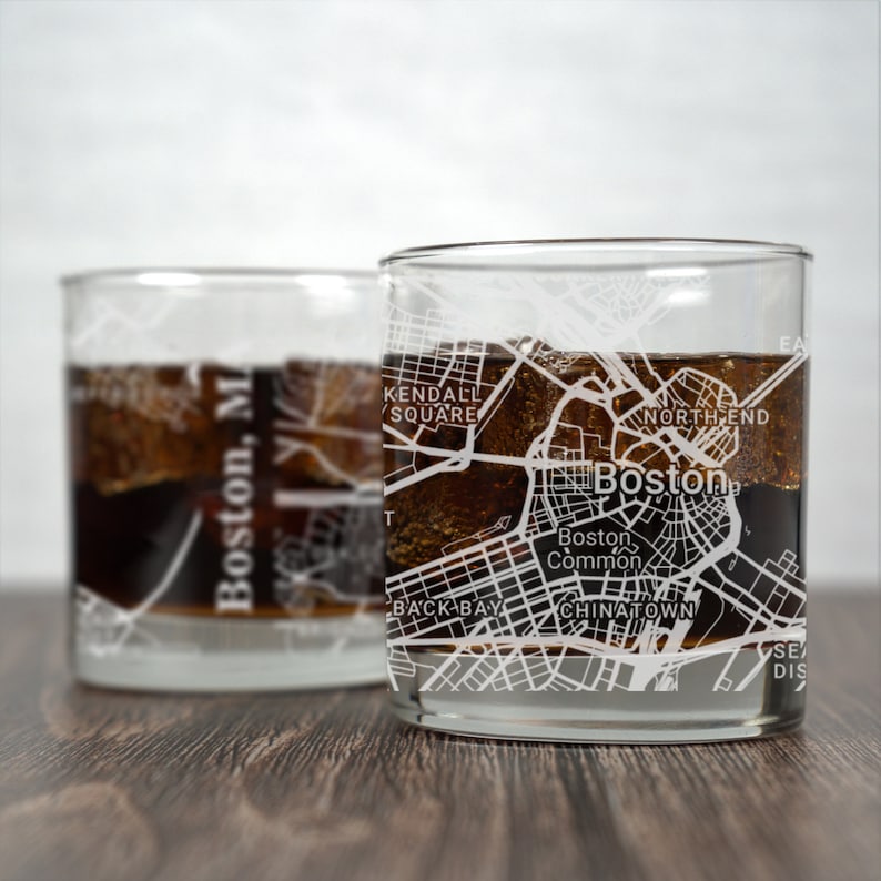 Boston Whiskey Glass, Boston MA Rocks Glass Gift, Engraved City Map ...