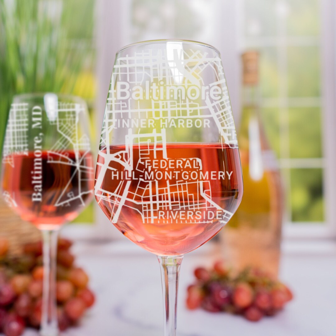 Baltimore Wine Glass, Baltimore MD Wine Glass Gift, Engraved City Map ...