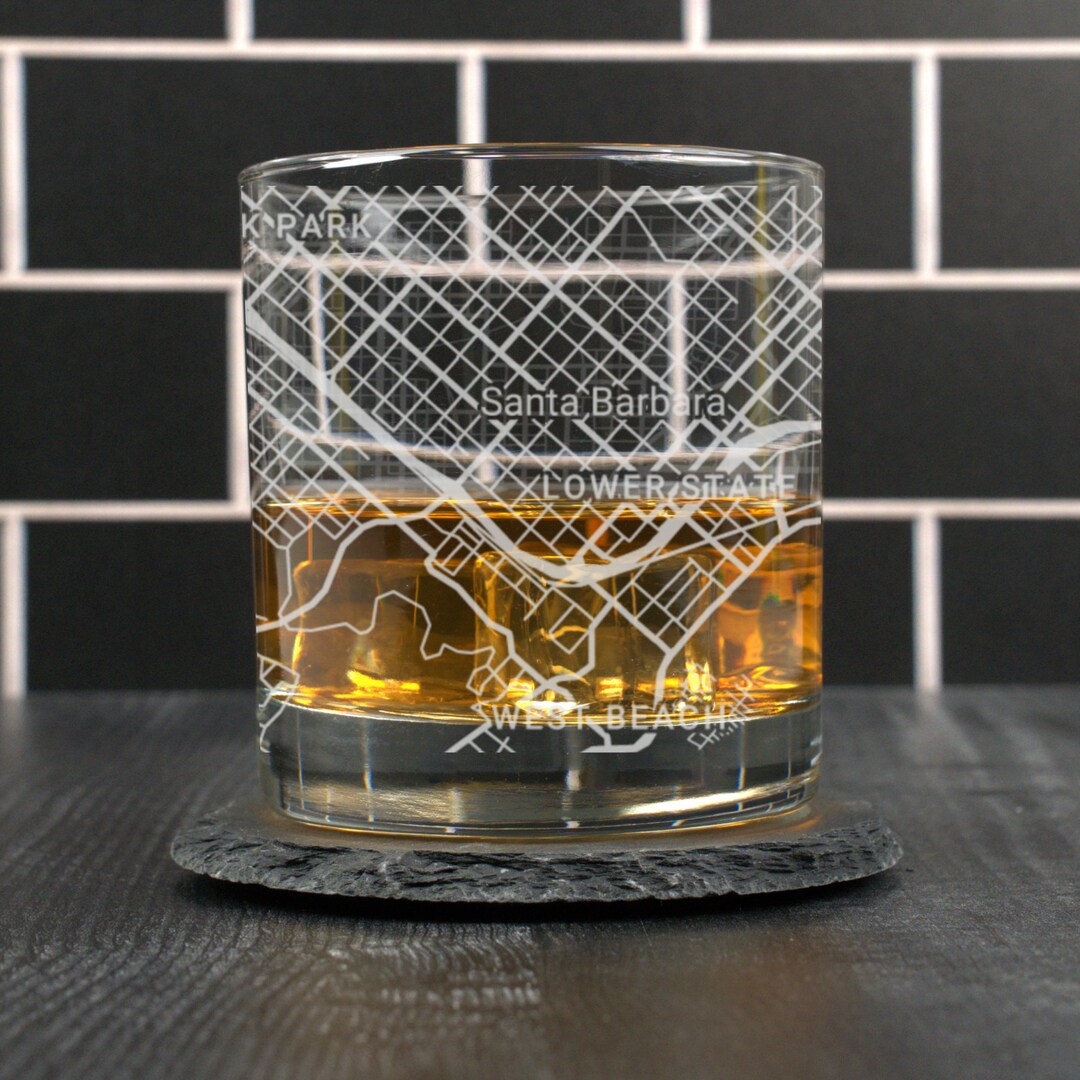 Santa Barbara Whiskey Glass, Santa Barbara CA Rocks Glass, Engraved Map ...