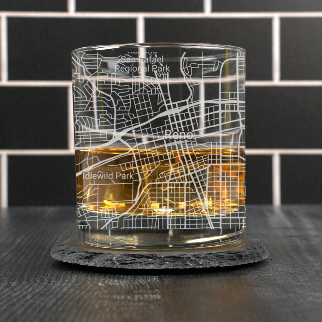 Reno Whiskey Glass, Reno NV Rocks Glass Gift, Engraved City Map Glass ...