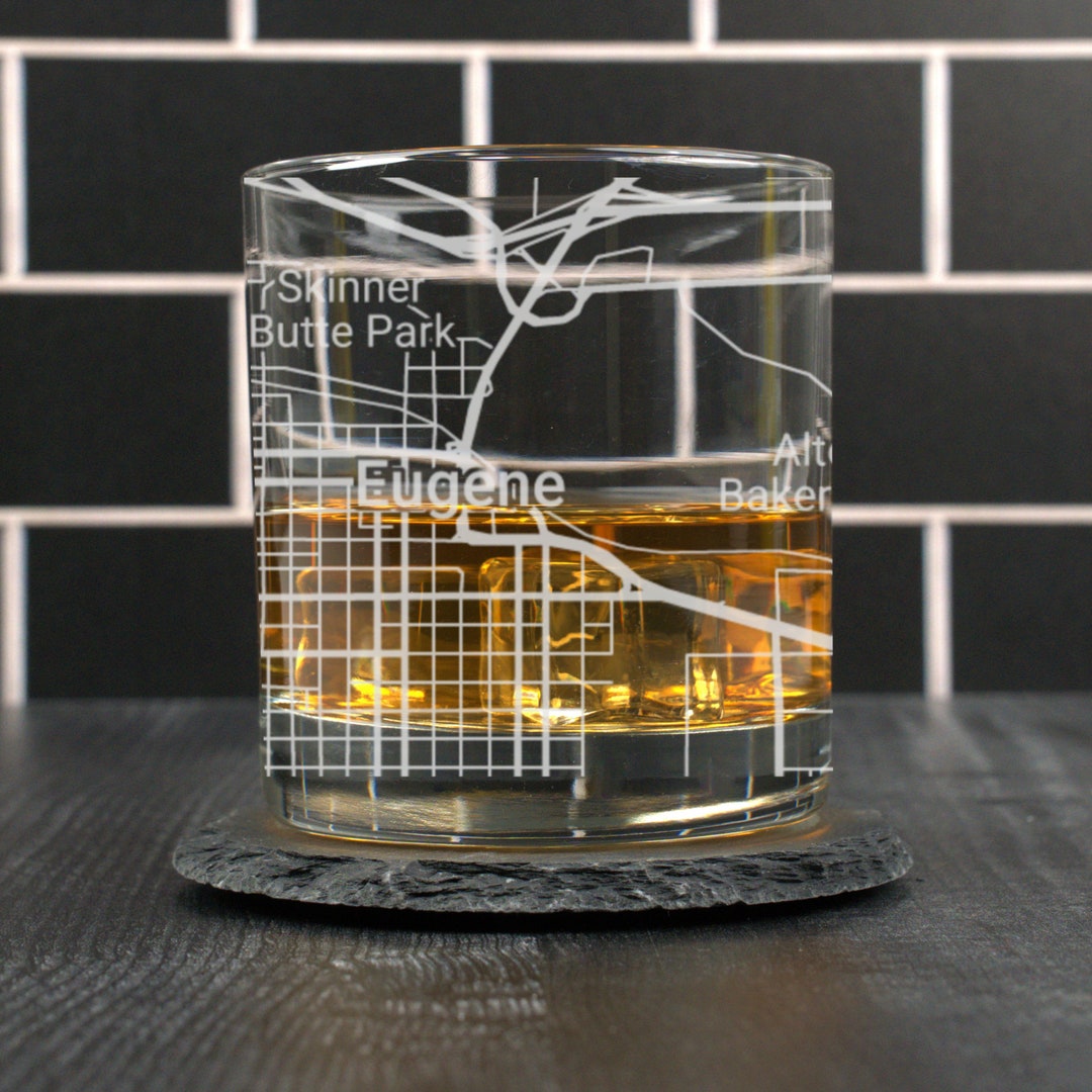 Eugene Whiskey Glass, Eugene Rocks Glass Gift, Engraved City Map Glass ...