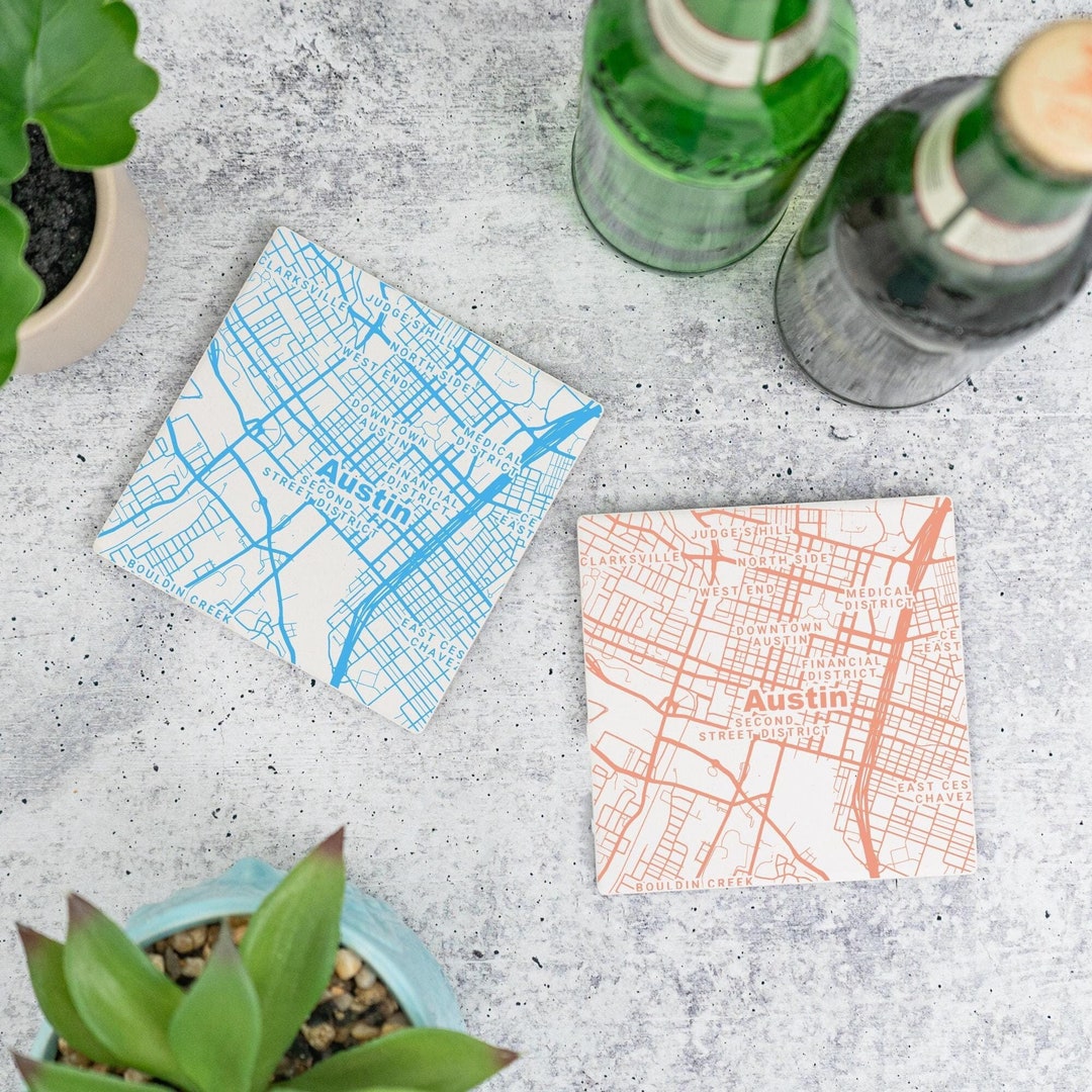 Austin TX Coasters in Custom Colors – Texas Home Decor, TX Gift, Travel ...