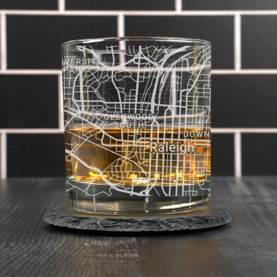 Raleigh Whiskey Glass, Raleigh NC Rocks Glass, Engraved City Map Glass ...