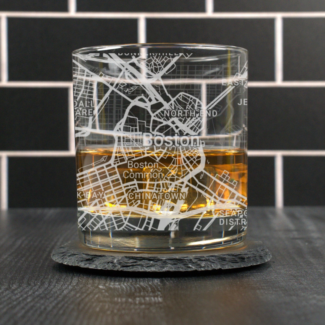 Boston Whiskey Glass, Boston MA Rocks Glass Gift, Engraved City Map ...