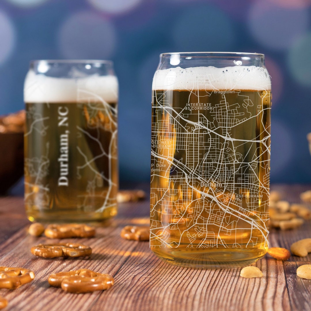 Durham Beer Can Glass, Durham NC Beer Can Glass Gift, Engraved City Map ...