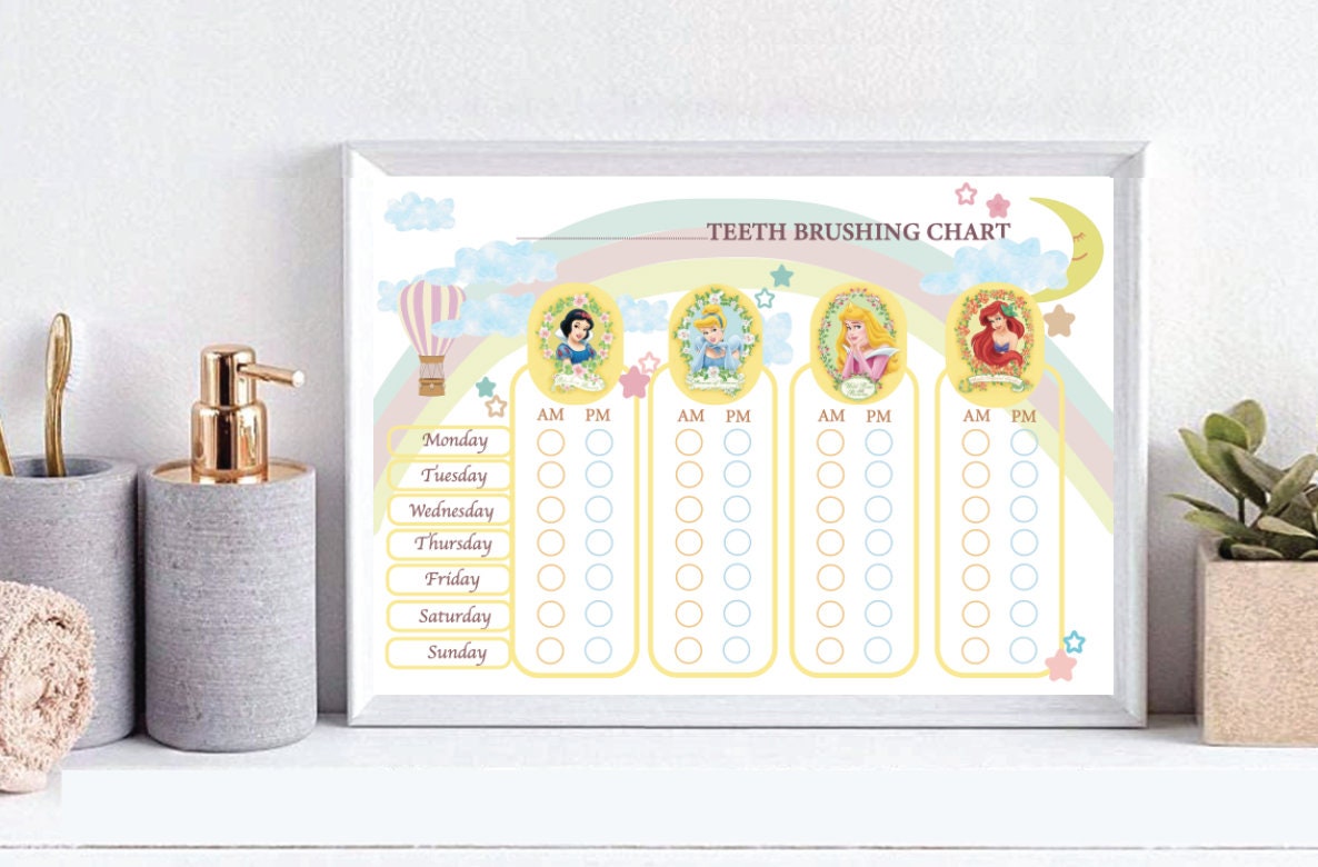 Teeth Brushing Chart, Printable Princess Poster A4, for Kids & Toddlers ...