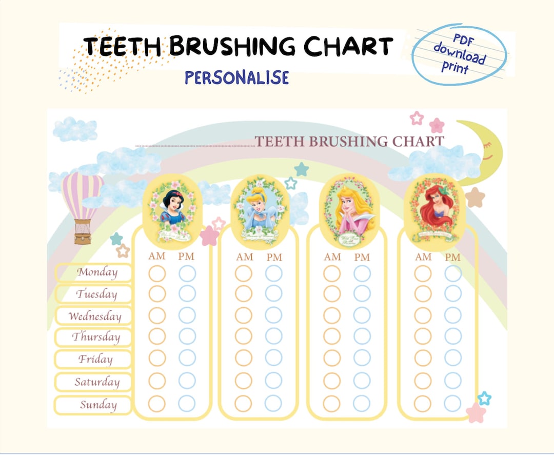 Teeth Brushing Chart, Printable Princess Poster A4, for Kids & Toddlers ...
