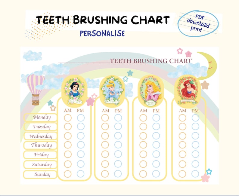 Teeth Brushing Chart, Printable Princess Poster A4, for Kids & Toddlers ...