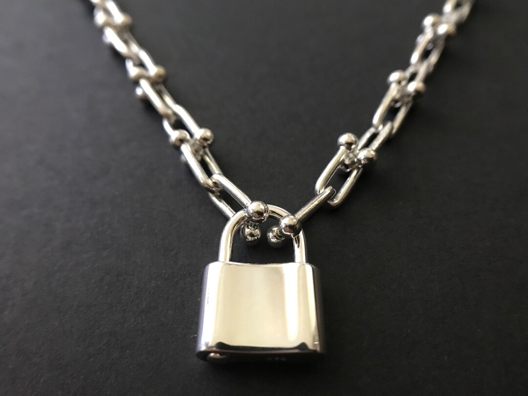Solid Sterling Silver Horseshoe Heavy Chain Necklace, Padlock Necklace ...