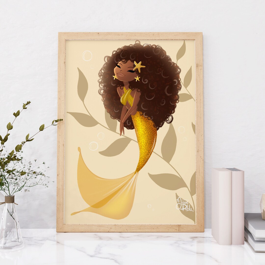 Golden Mermaid Art Print African American Mermaid Mermaid Nursery Afro ...