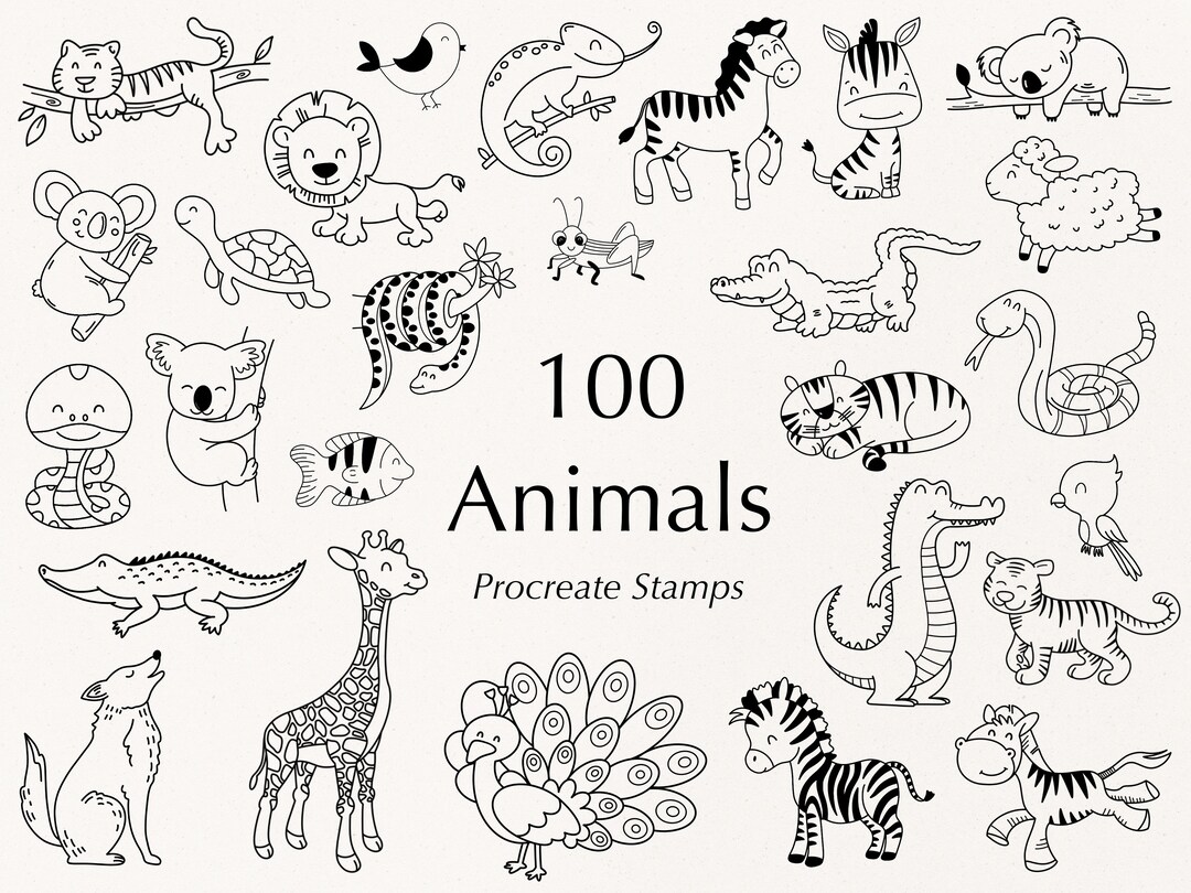 100 Animal Doodle Procreate Stamps | Safari, Farm, Forest (brushset ...