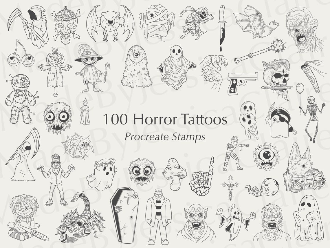 100 Horror Tattoo Procreate Stamps | Gothic, Halloween (brushet File ...