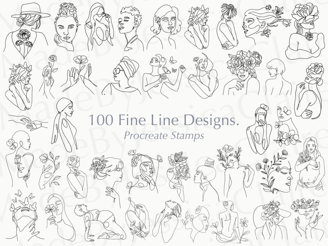 100 Fine Line Tattoo Procreate Stamps | Floral & Minimal Designs - Etsy