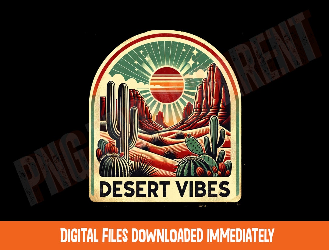 Retro Desert Scene PNG: Vintage Sunset, Cactus Graphic (digital ...