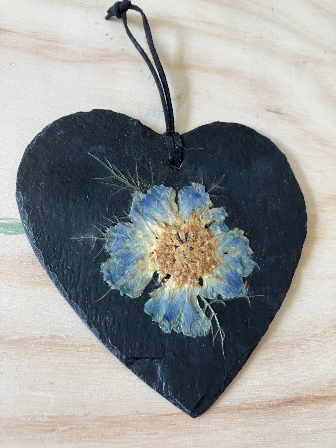 Slate Heart With Preserved Blue Himalayan Poppy Flower, Cottagecore Fae ...