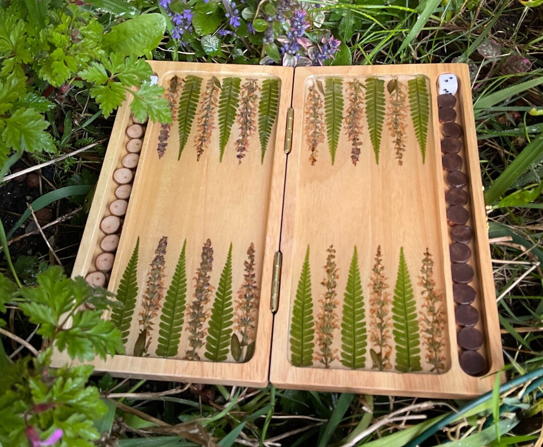 Botanical Backgammon Board Pressed Leaves ferns & Pink Veronica Flowers ...