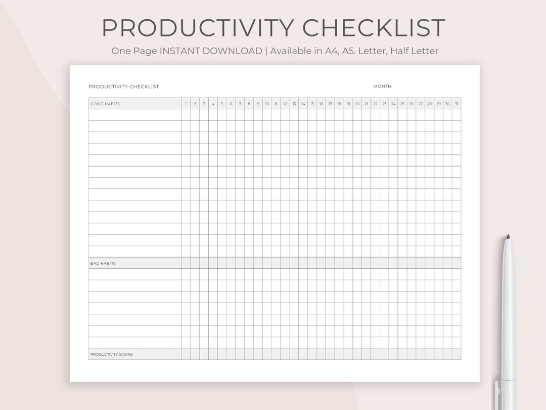 Productivity Checklist, Printable Planner, A4, A5, Letter, Half Letter ...