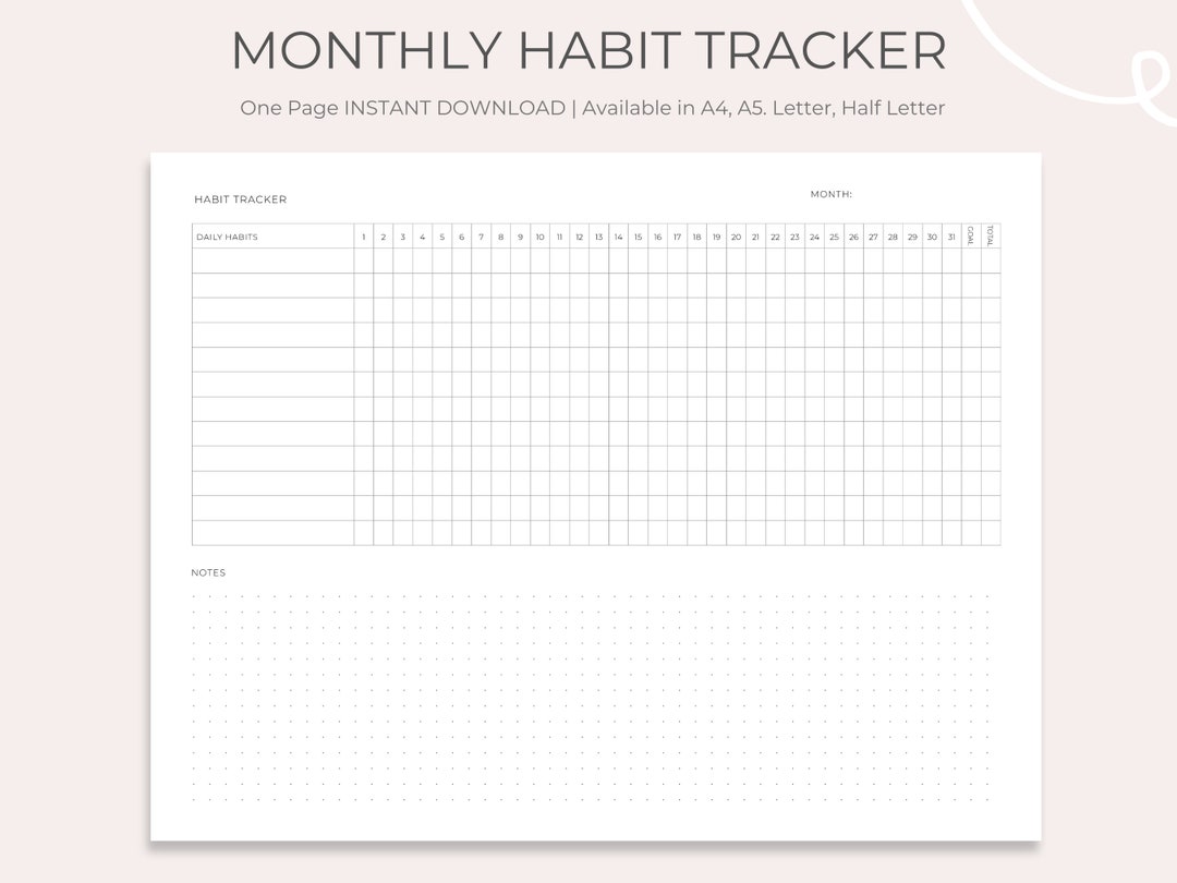 Monthly Habit Tracker, Printable Habit Tracker, A4/a5/letter/half ...