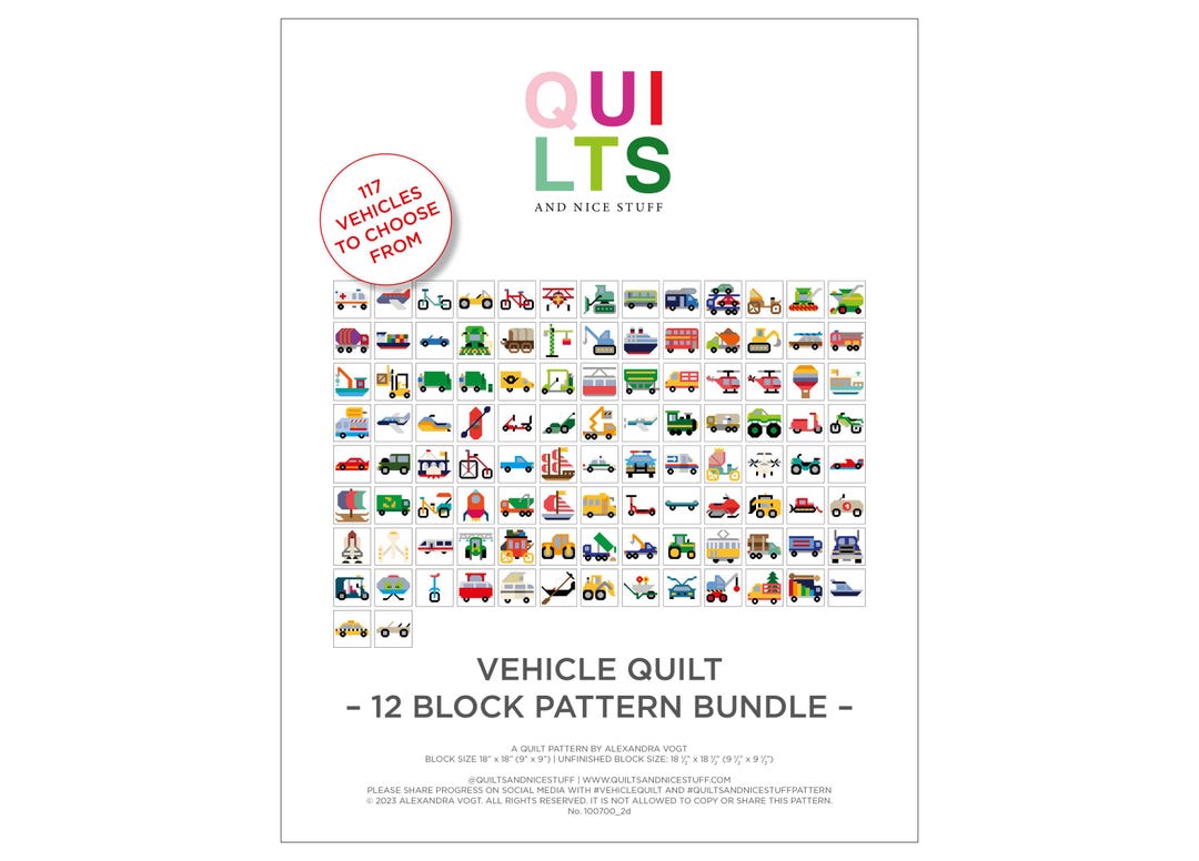 12 Vehicle Quilt Block Pattern Bundle, 12 Out of 117 Vehicle Blocks ...
