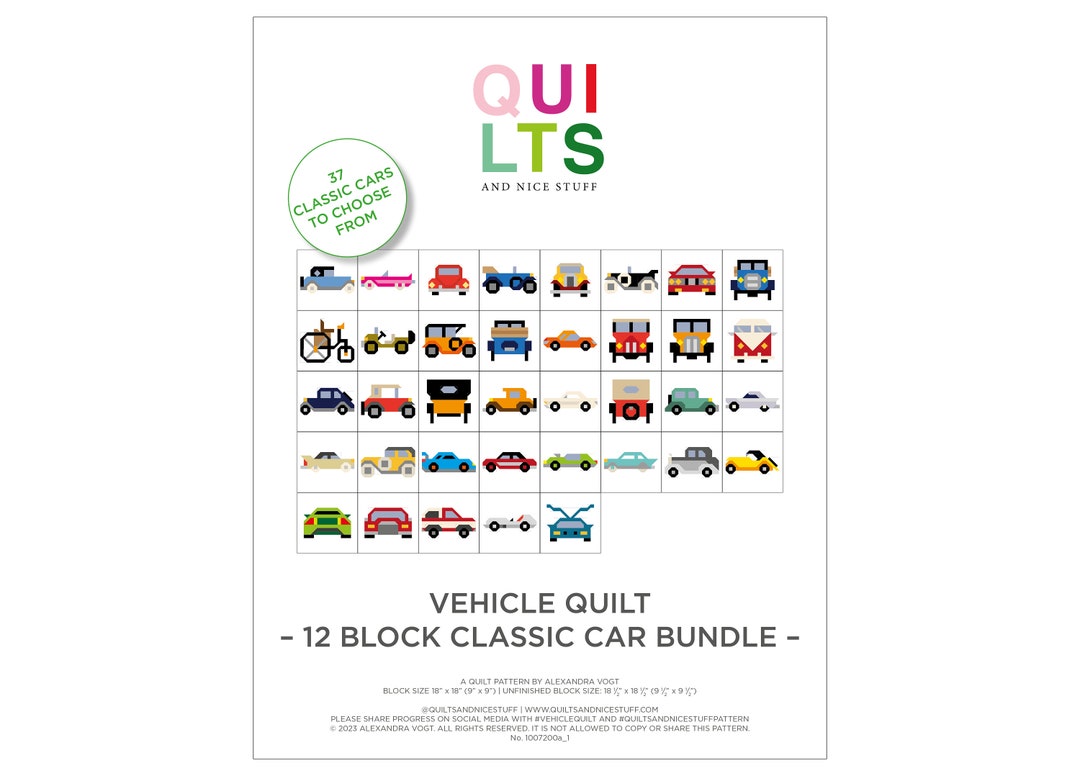 12 Classic Car Quilt Block Pattern Bundle, 12 Out of 106 Vehicle Blocks ...