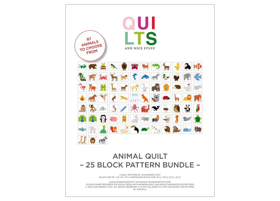 25 Animal Quilt Block Pattern Bundle, 25 Out of 87 Animal Blocks ...