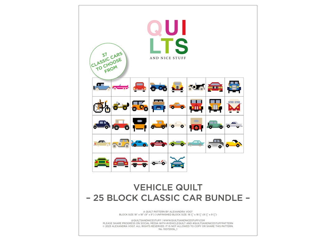 25 Classic Car Quilt Block Pattern Bundle, 25 Out of 37 Vehicle Blocks ...