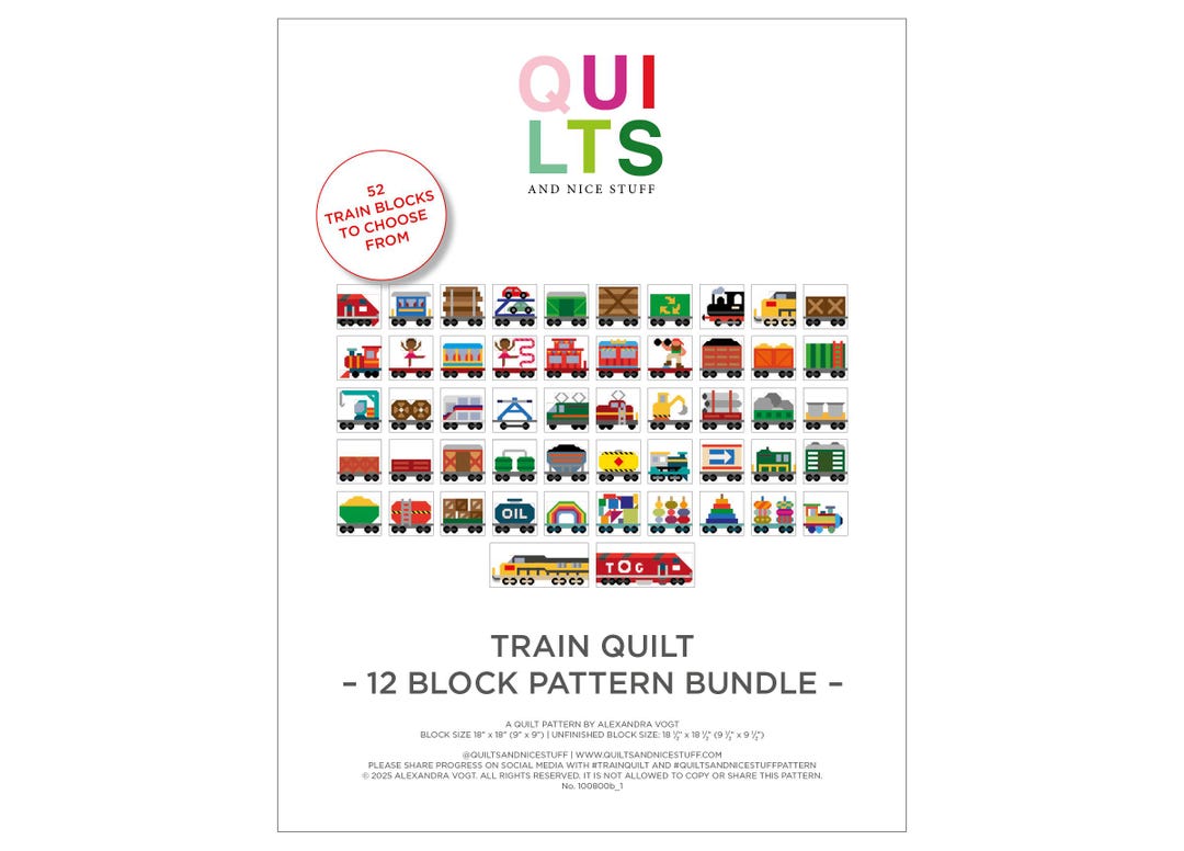12 Train Quilt Block Pattern Bundle, 12 Out of 52 Train Blocks ...