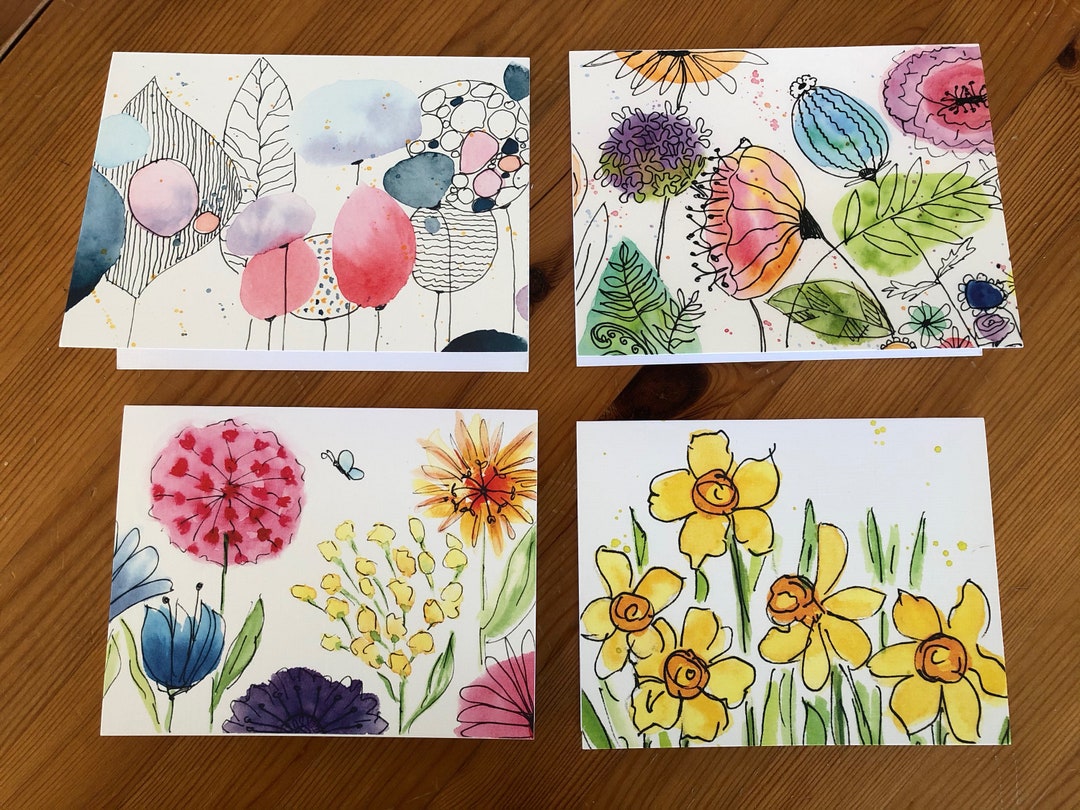 Spring Flower Doodles - Watercolor Print Notecards - Etsy