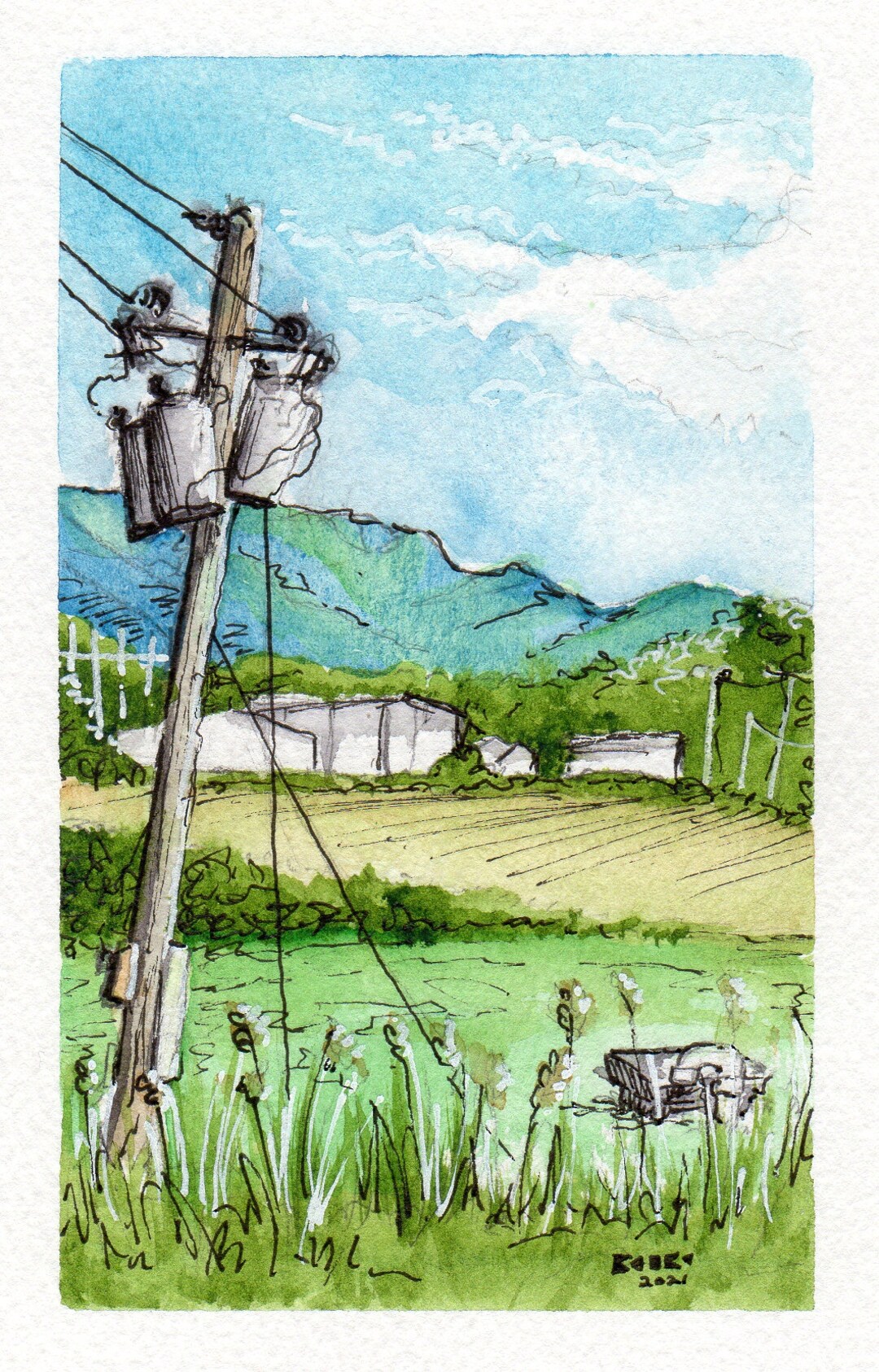 Powerline Mountains Painting Farmhouse Watercolor Country Landscape ...