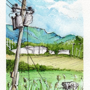 Powerline Mountains Painting Farmhouse Watercolor Country Landscape ...