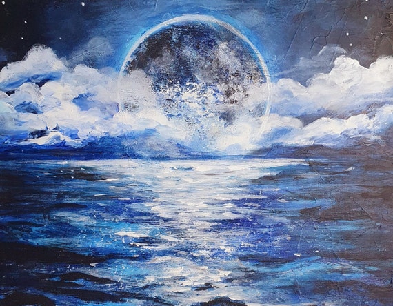Moon Seascape Original Painting Framed Artwork 12x11'' | Etsy