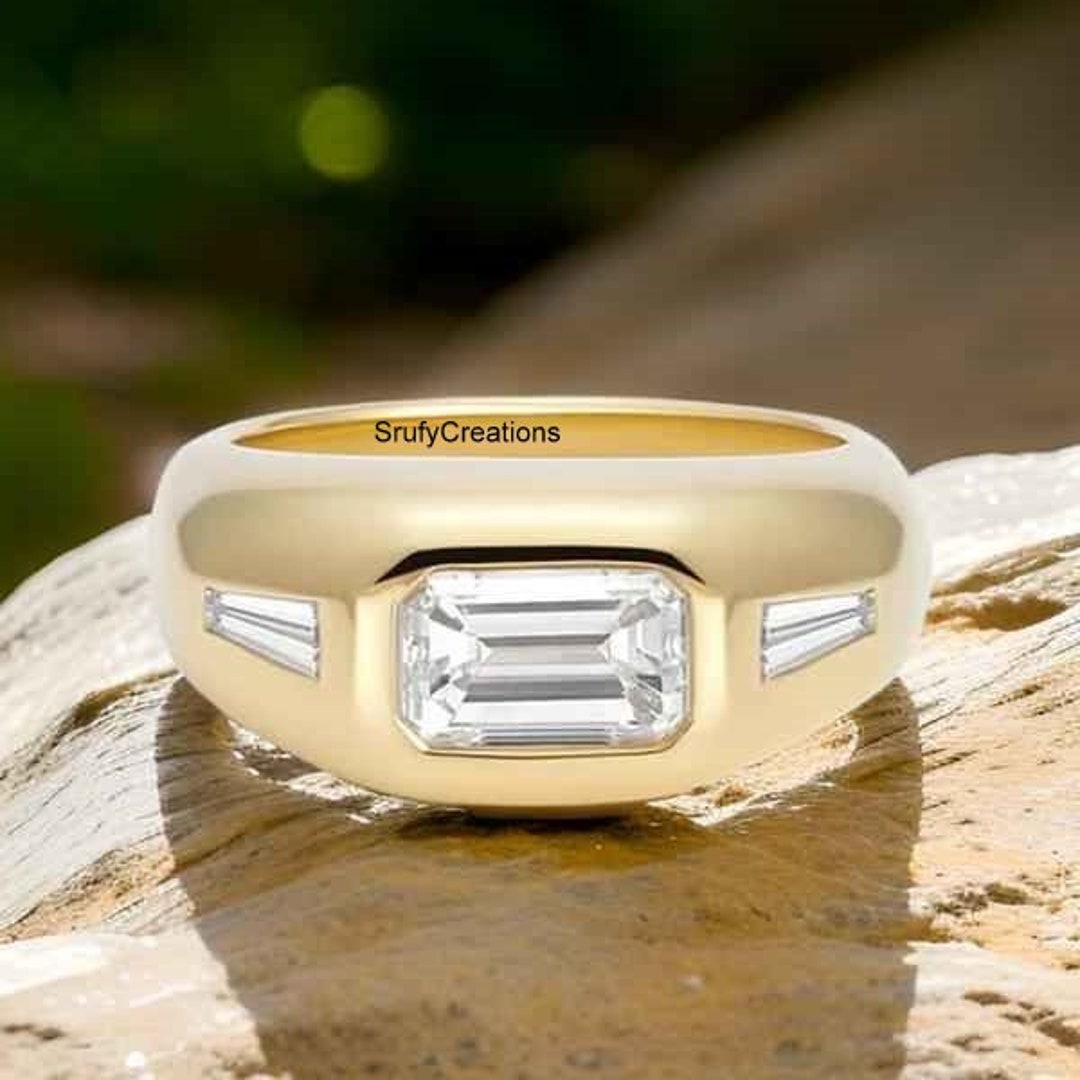 Gypsy Flush Three Stone Ring, Horizontal 4.6TCW Emerald & Tapered ...