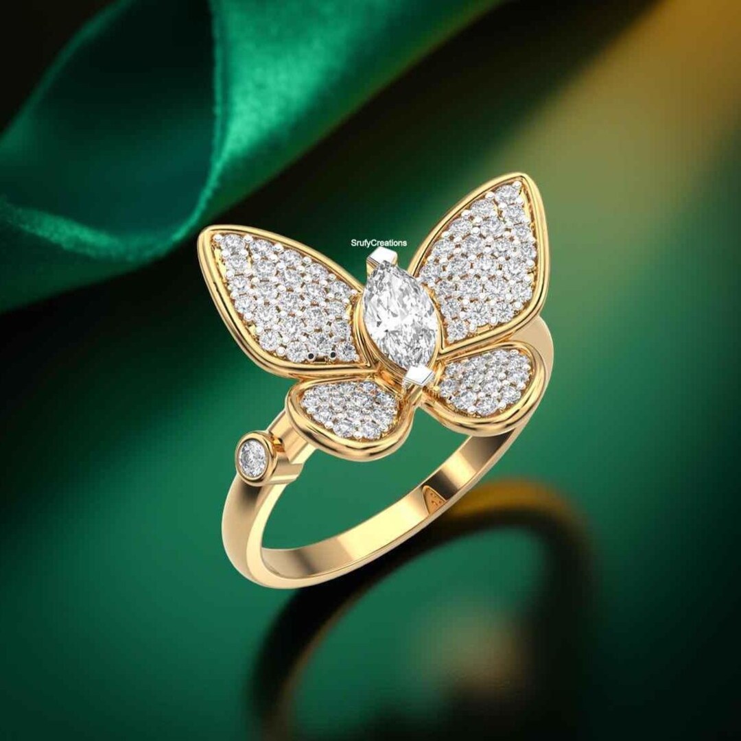 Awesome Butterfly Design Diamond Ring, 0.50CT Marquise Cut Moissanite ...