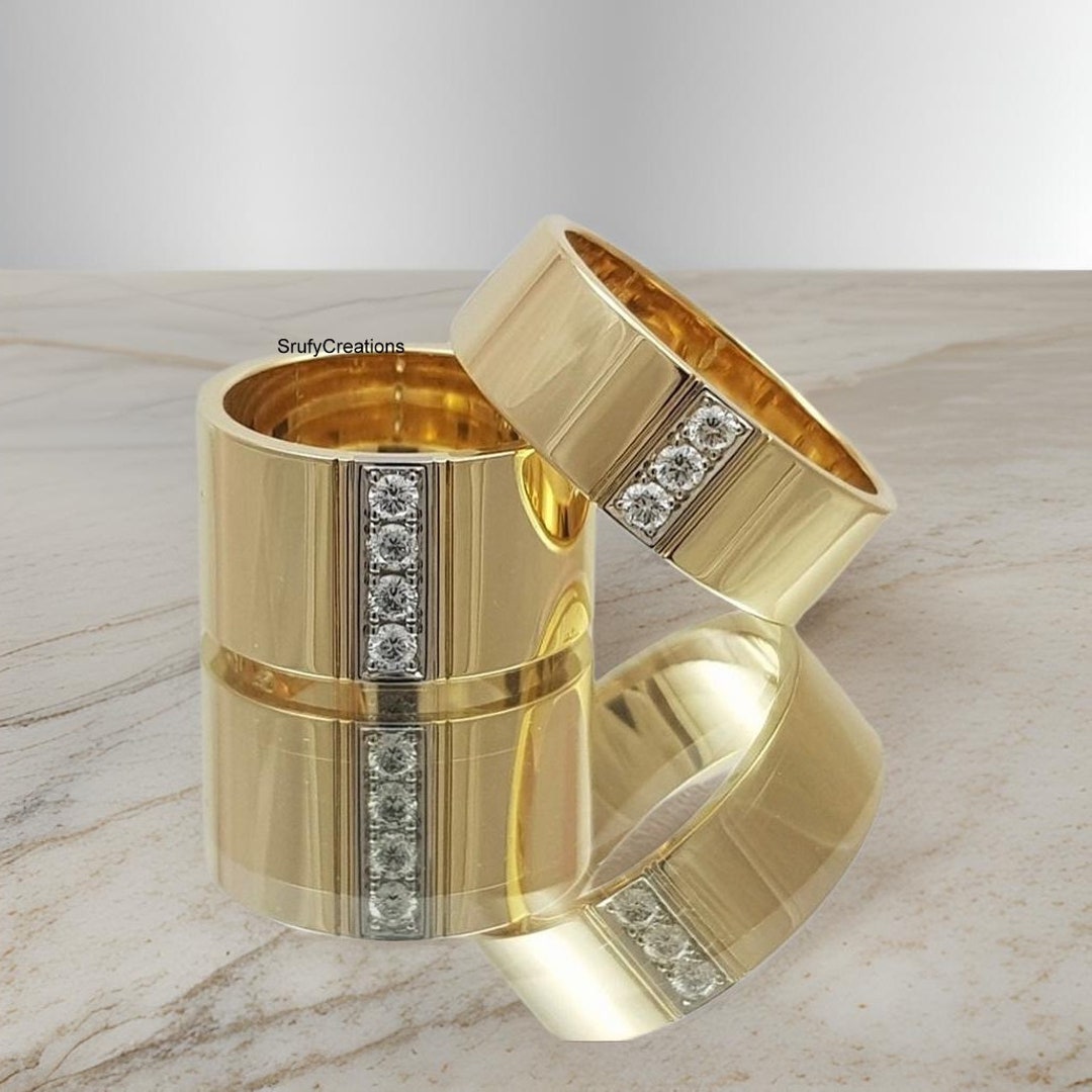 Cigar Band Couple Ring Set, 2.20mm Round Brilliant Cut Moissanite ...