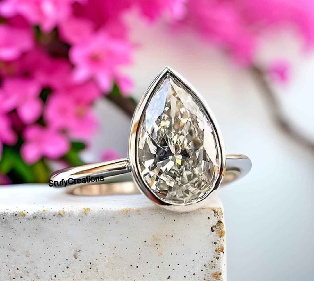 3 CT Pear Cut Bezel Ring, Pear Cut Moissanite Ring, Engagement Wedding ...