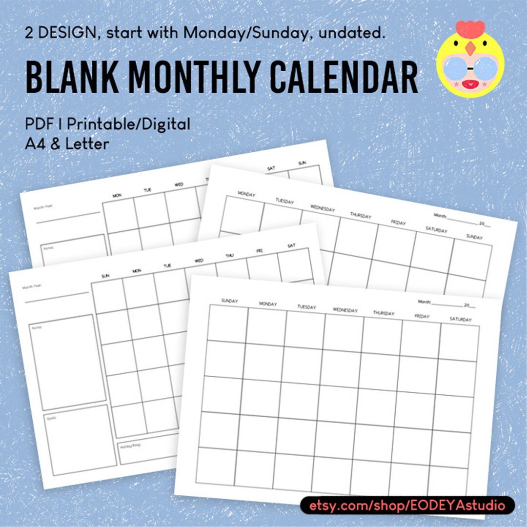 Blank Monthly Calendar Printable Planner Journal Notebook Essential ...