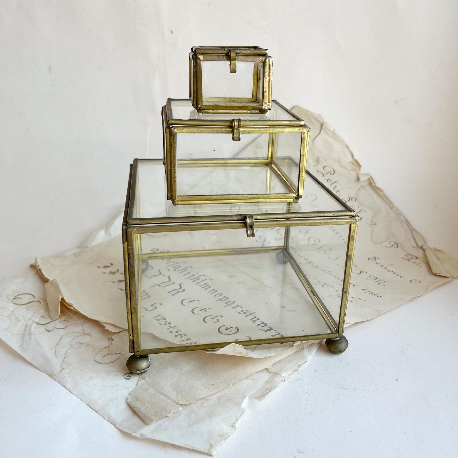 Three Vintage Brass and Glass Box. Vintage Brass/glass Box. Small Glass ...
