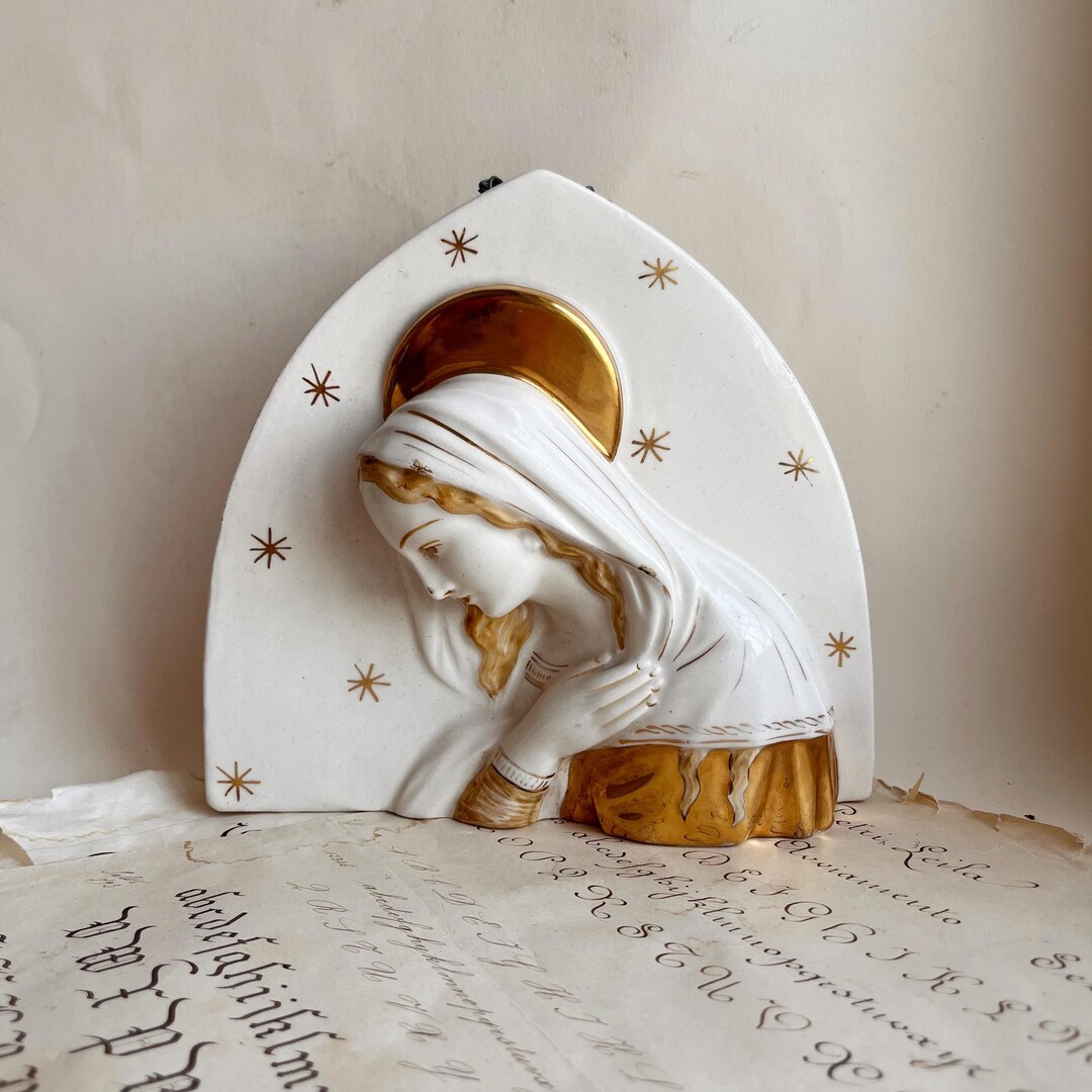 Madonna Bas-relief With Gold Inserts. Ceramic Plaque, Wall Headboard ...