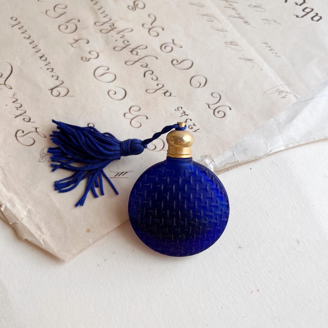 Small Round Perfume Bottle in Matt Blue Satin Glass and Brass Cap With ...
