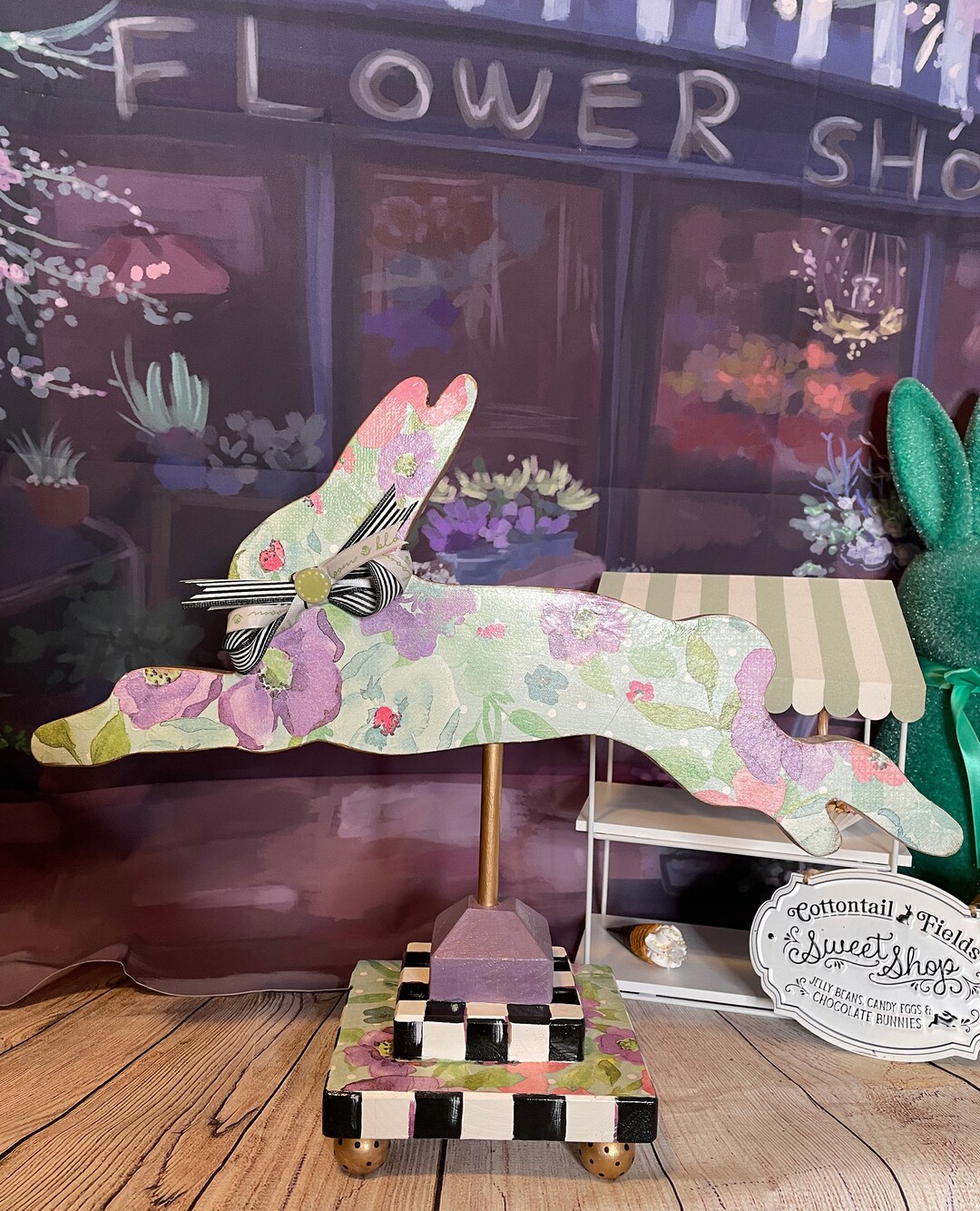 French Rabbit, Leaping Rabbit on Base, Hand Painted Bunny, Decoupaged ...