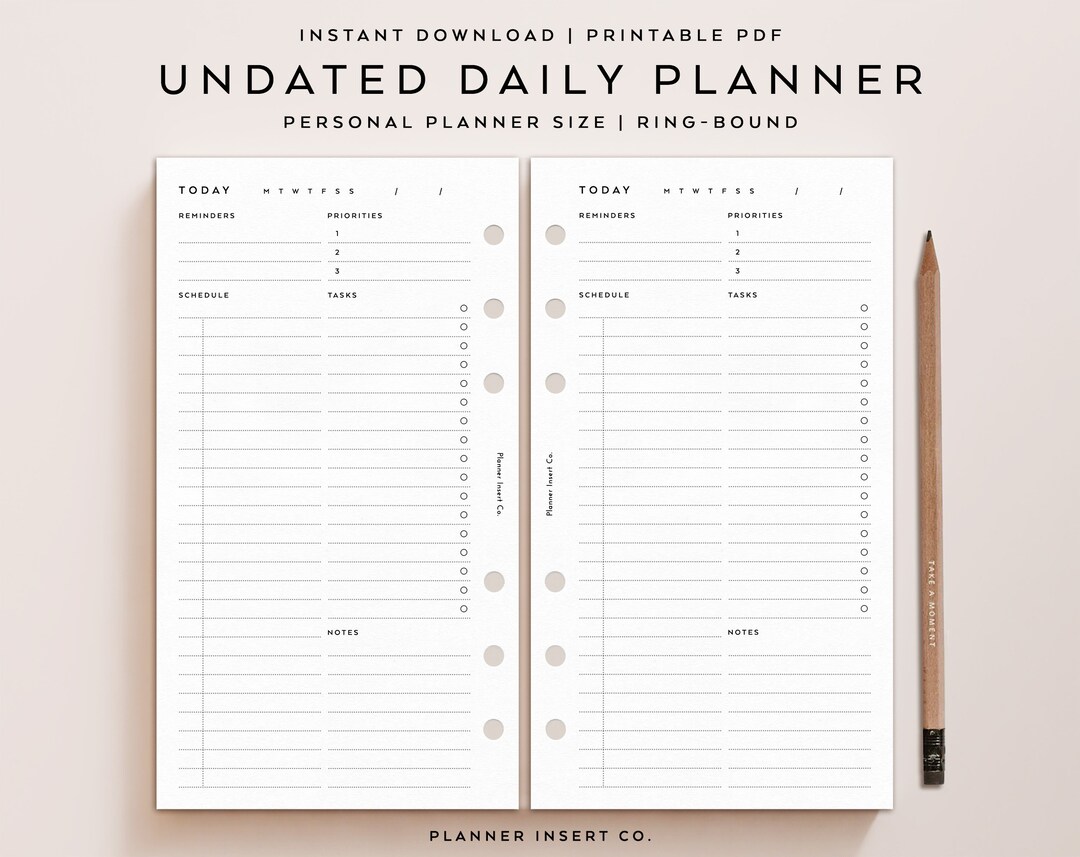 PERSONAL SIZE // Undated Daily Planner Insert Printable / Day Planner / Personal Rings Planner ...